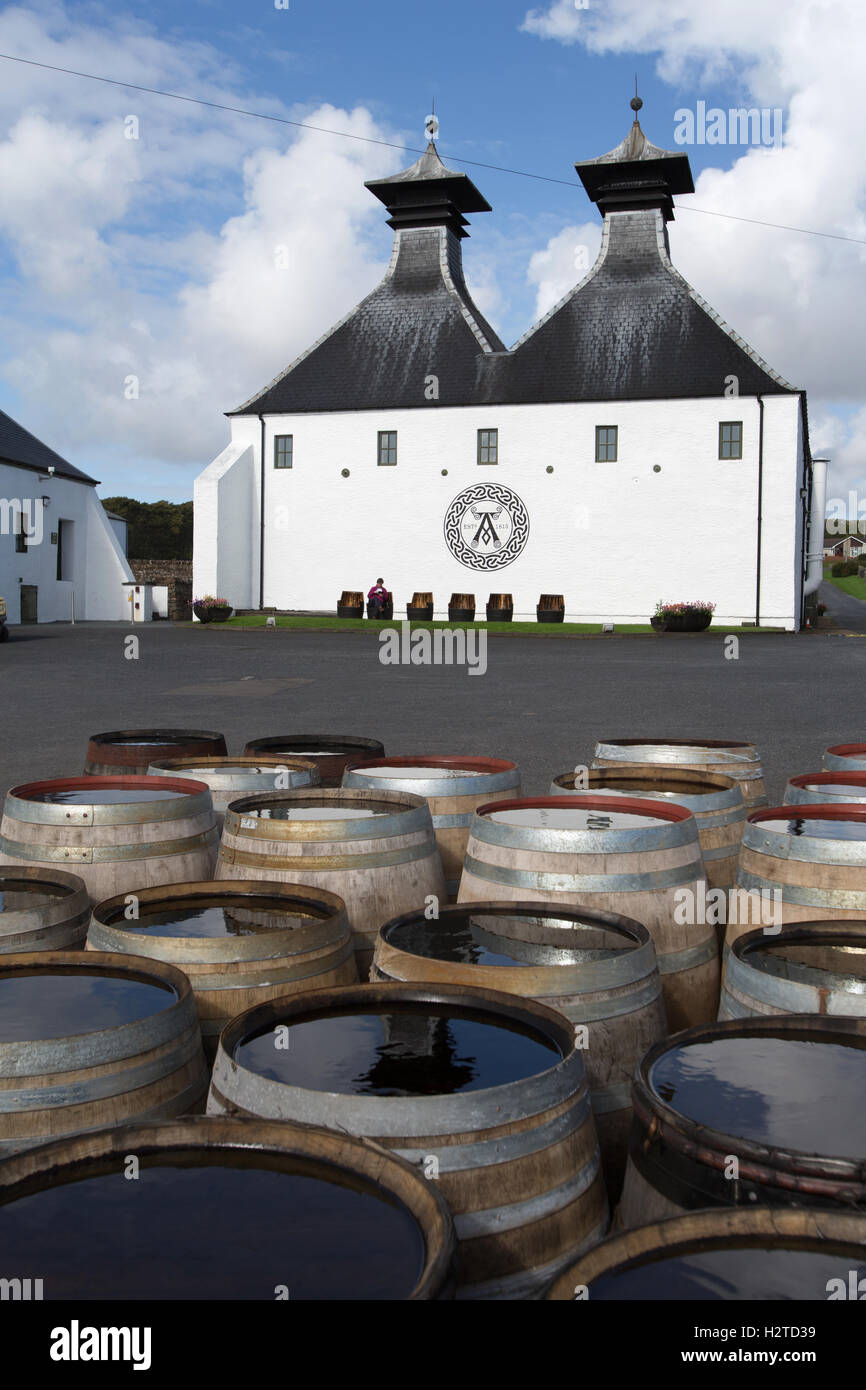 Isle of Islay, Scotland. Picturesque view of whisky barrels, with the ...
