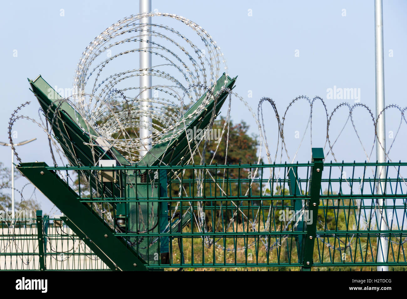 green barb wire fence Stock Photo - Alamy