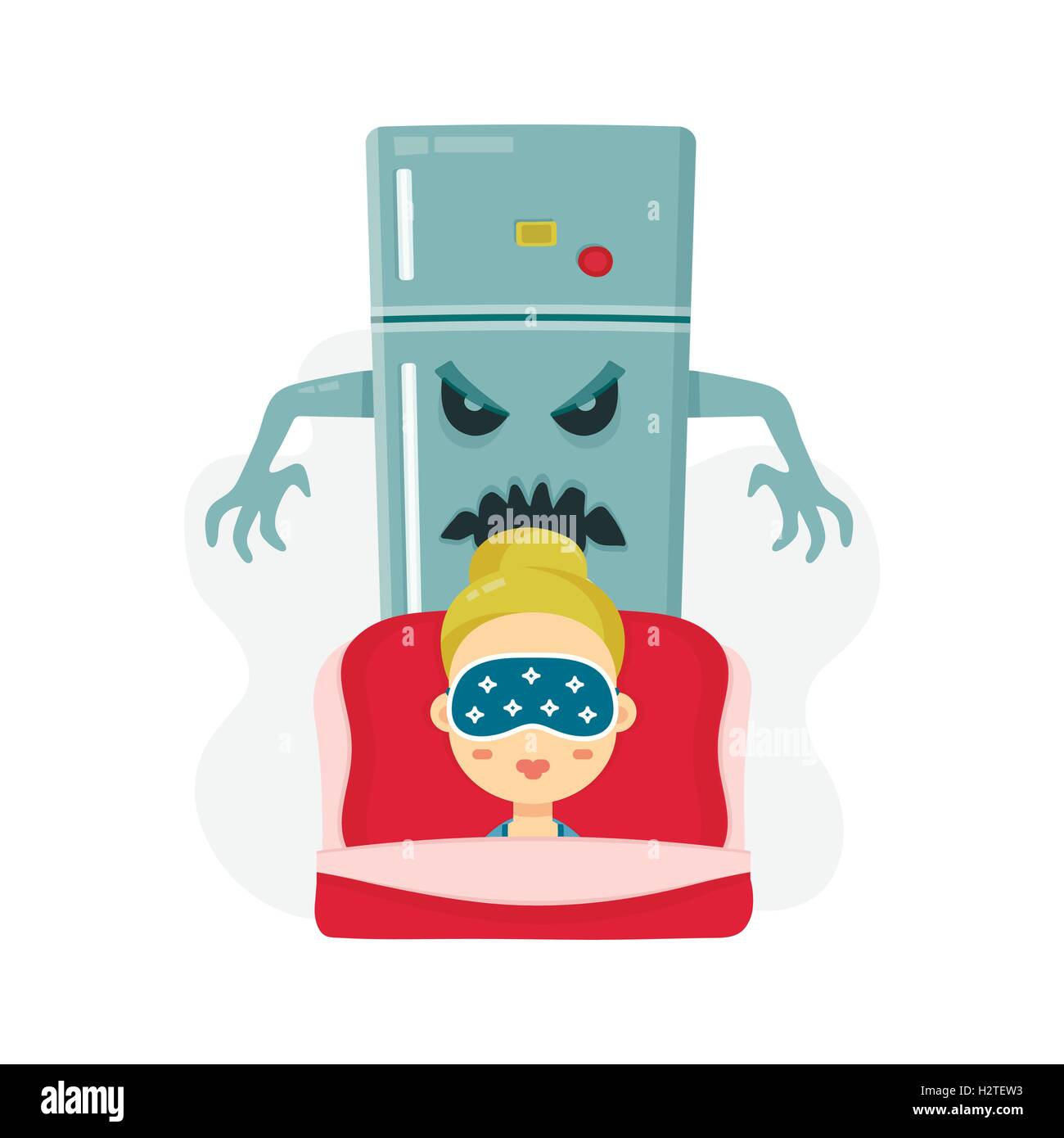 Young women nightmare. scary refrigerator and sleeping girl. vector ...