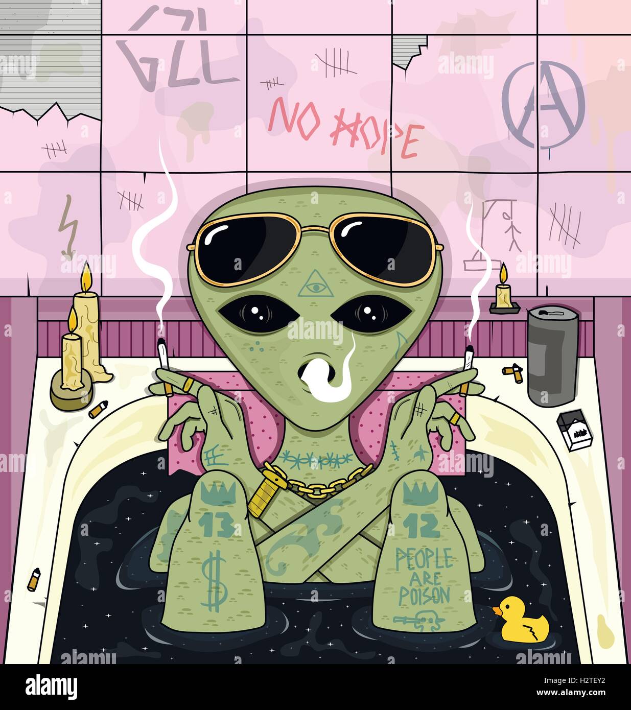 alien smoke and chill in bath. psychedelic vector illustration Stock ...