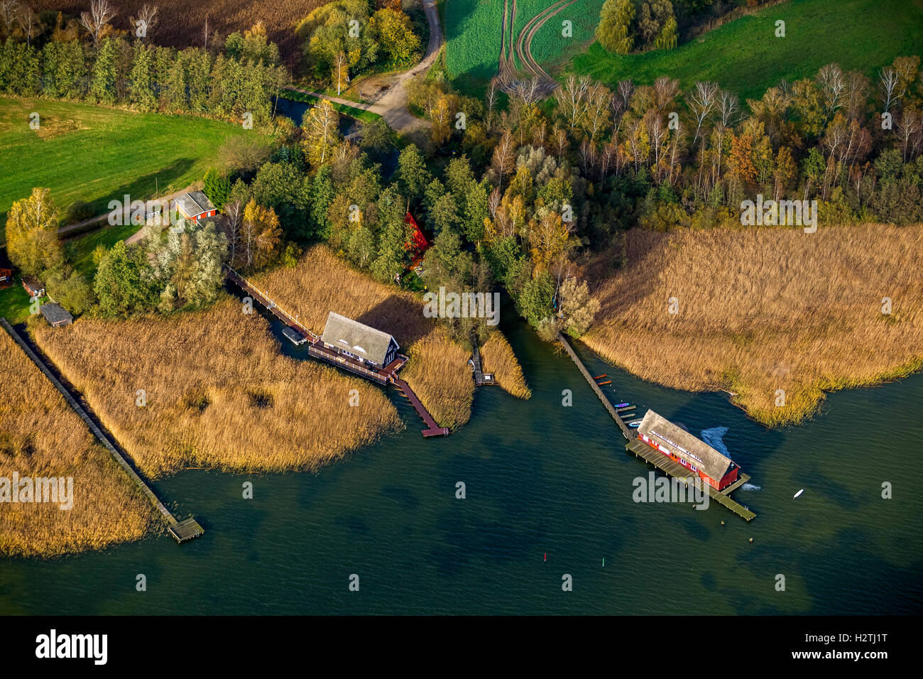 Aerial picture, boathouses in the island lake, Gustrow, Müritz sea ...