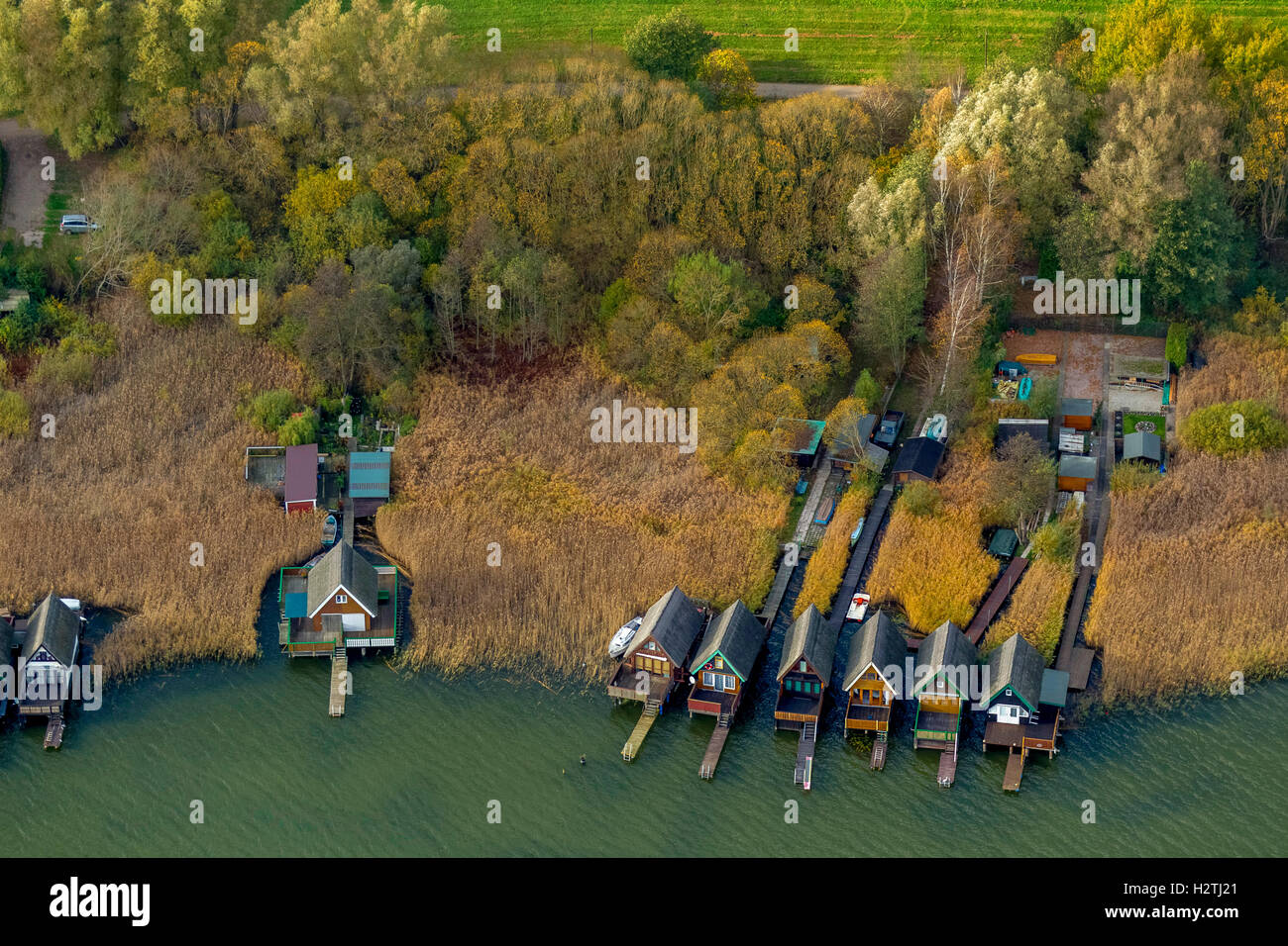 Aerial picture, boathouses in the island lake, Gustrow, Müritz sea ...