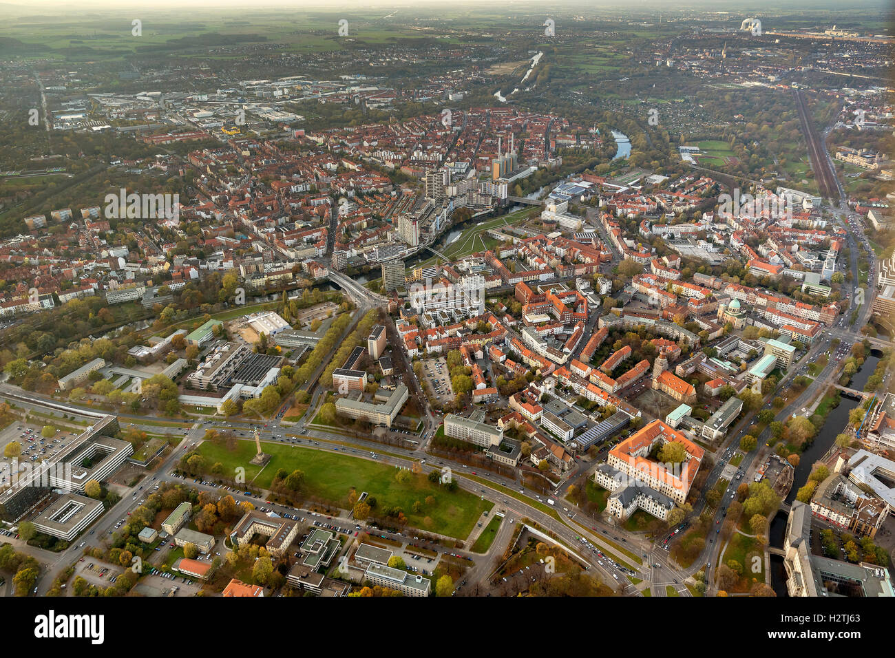Aerial picture, city centre of Hannover with the river Ihme, Hannover ...