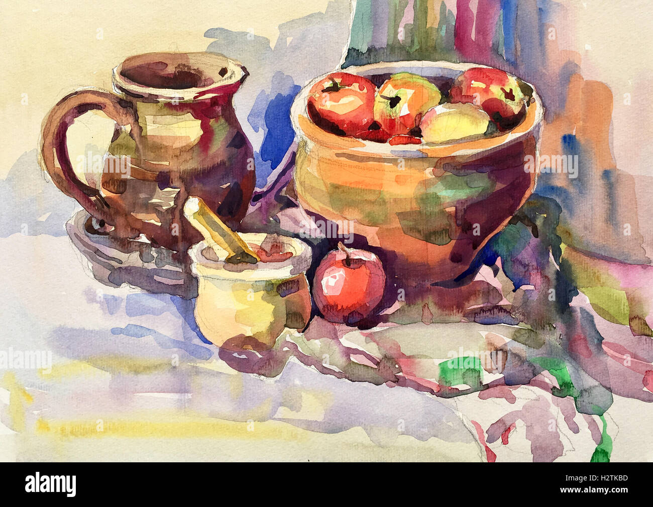 watercolor sketch painting of still life with vintage tableware Stock ...
