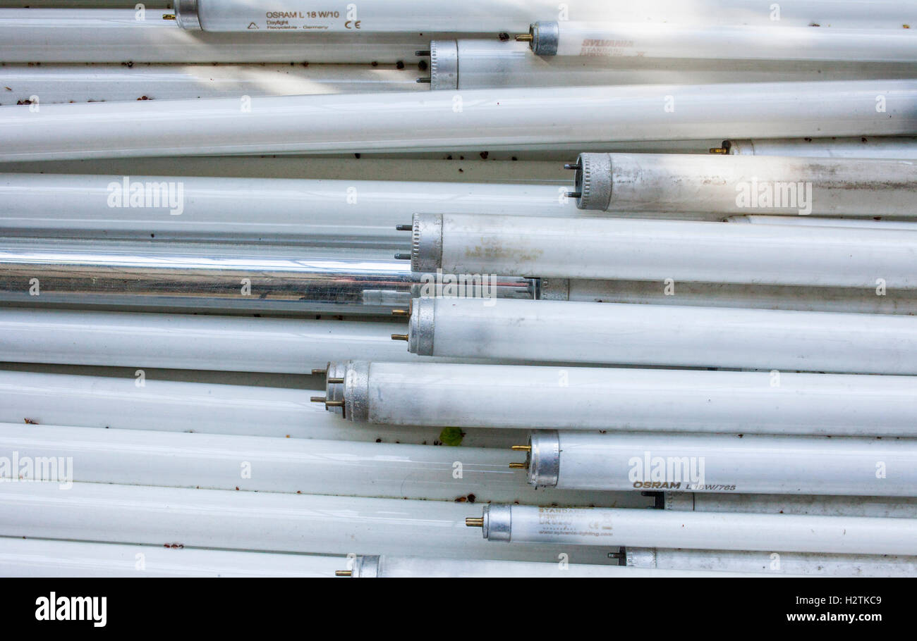 fluorescents lamp tubes for disposal at a recycling yard, recycling ...