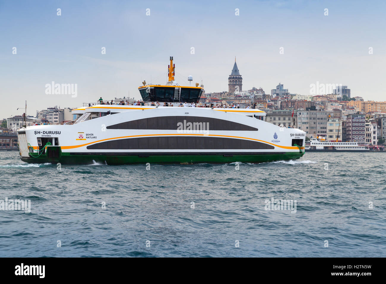 Istanbul, Turkey - June 28, 2016: Passenger ferry goes on Golden Horn ...