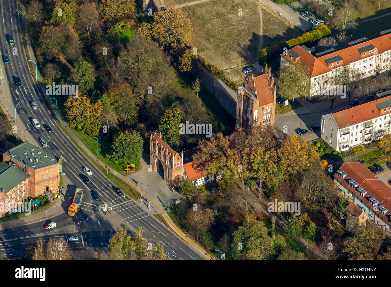 Aerial view, gate in the style of brick Gothic, Neubrandenburg ...
