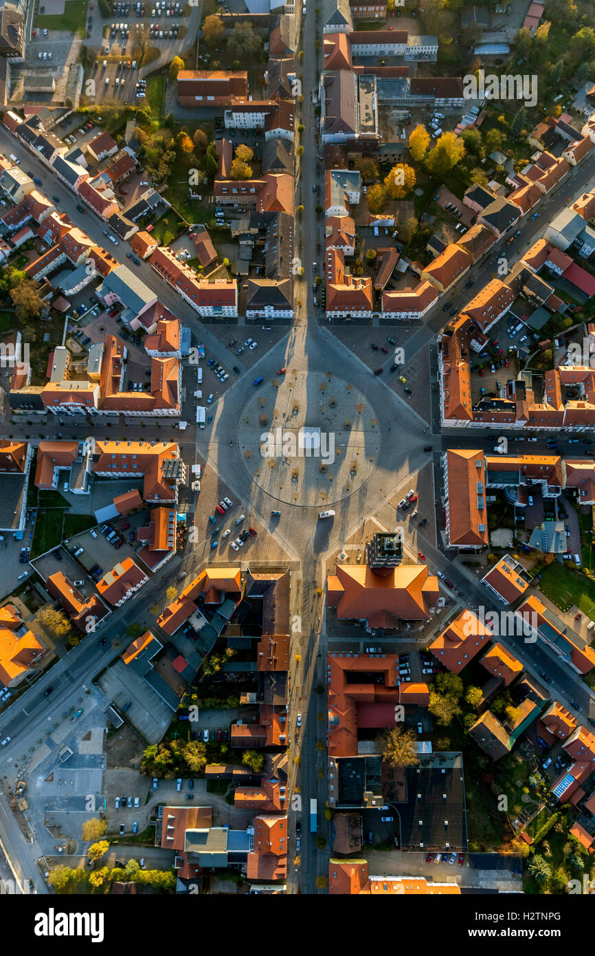 Aerial picture, marketplace Neustrelitz with traffic of a circle, place ...