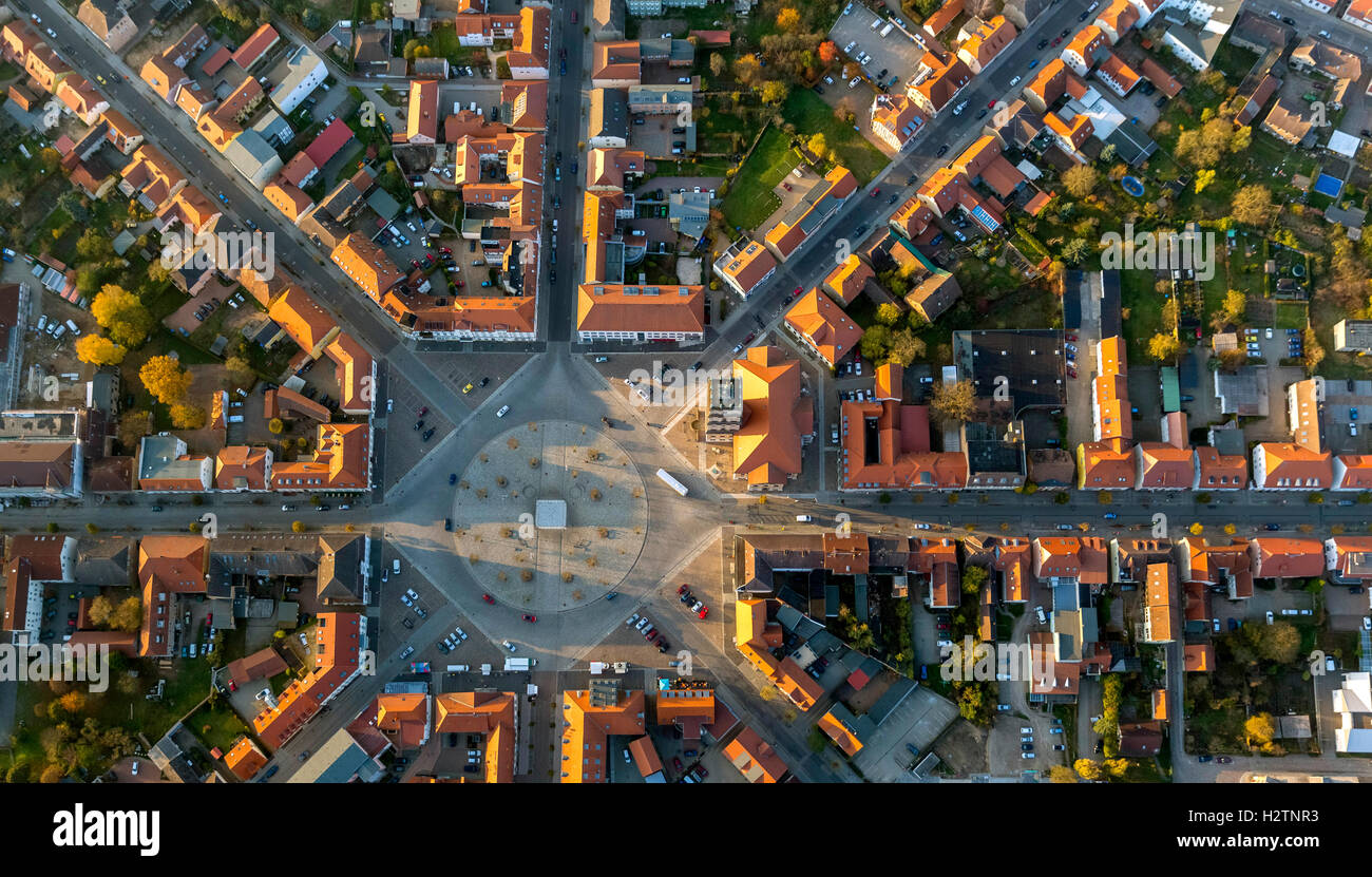 Aerial picture, marketplace Neustrelitz with traffic of a circle, place ...