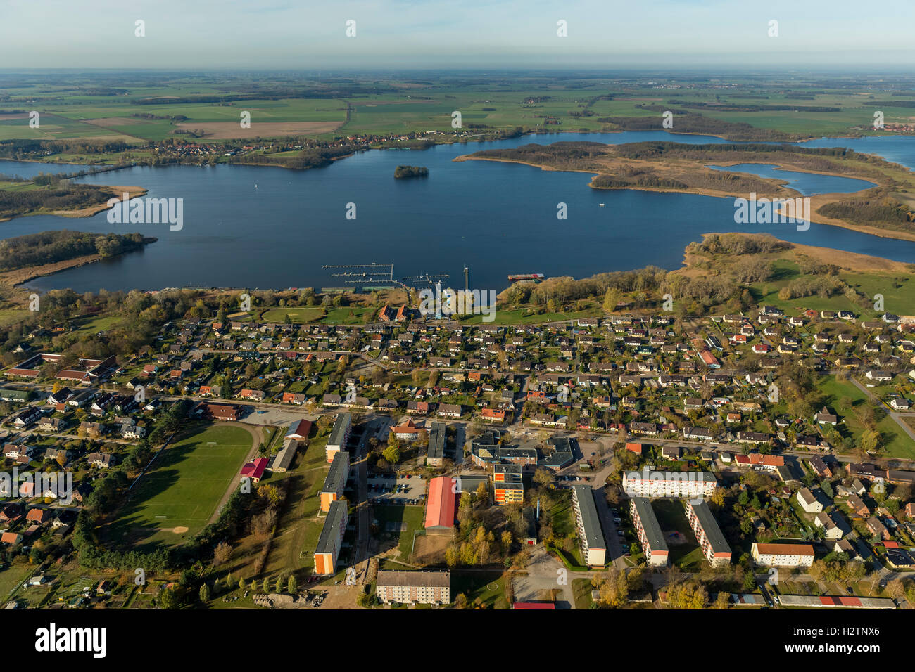 Aerial view, Rechlin with small Müritzsee, Muritz, Rechlin, Mecklenburg ...