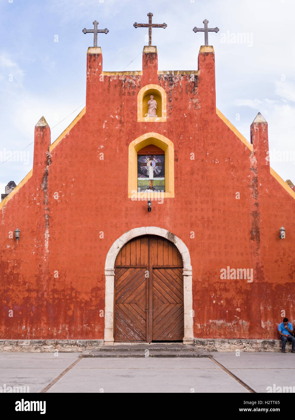 Adobe Church in Panaba. A church adorned with 3 crosses in a small town ...