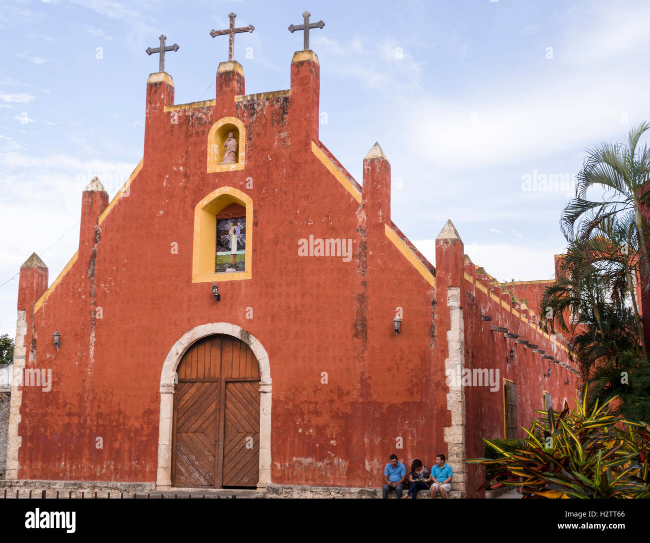Adobe Church in Panaba. A church adorned with 3 crosses in a small town ...