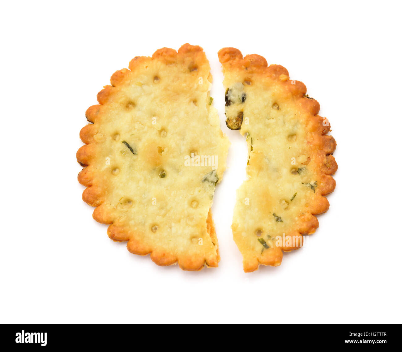 top view broken crispy cracker on a white background Stock Photo - Alamy