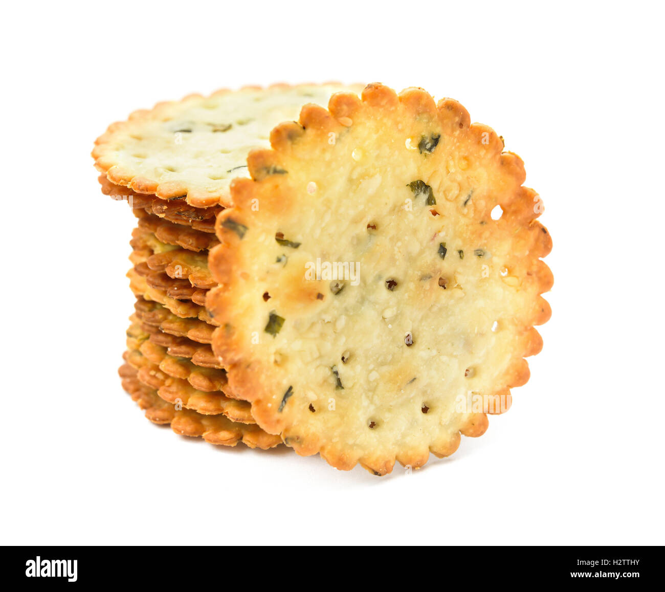 crispy crackers stack up on a white background Stock Photo - Alamy