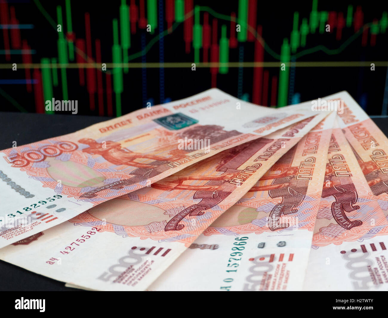 Russian five thousands roubles banknotes on the trading chart ...