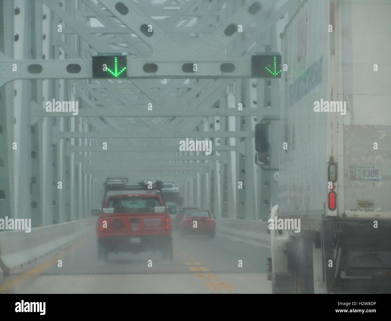 Traffic viewed through the windshield on Chesapeake Bay Bridge ...