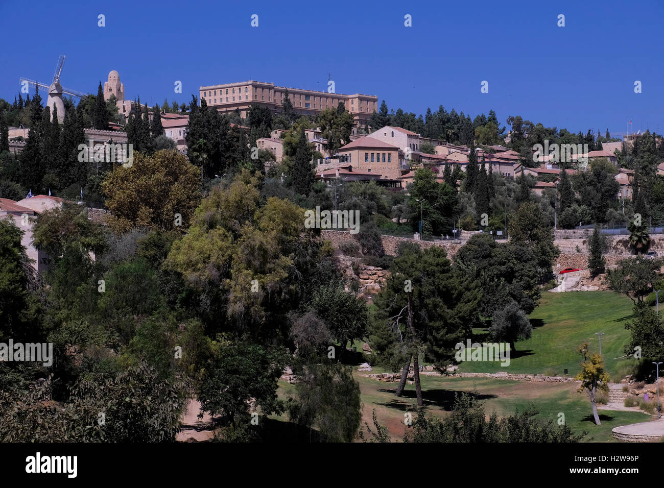 View of Yemin Moshe and Mishkenot Sha’ananim or Mishkanot Shaananim the ...