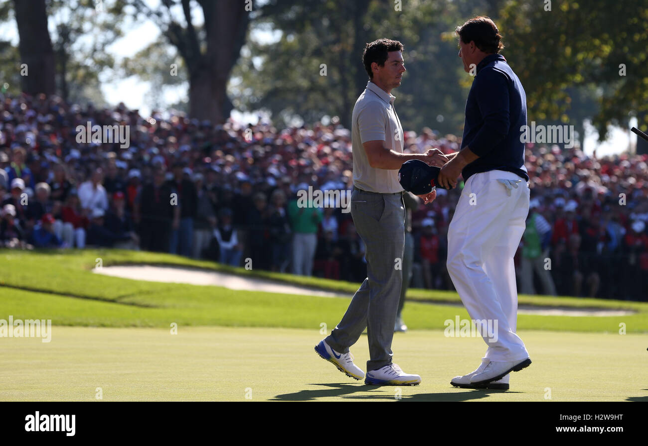 Europe's Rory McIlroy and USA's Phil Mickelson on 16 during the ...