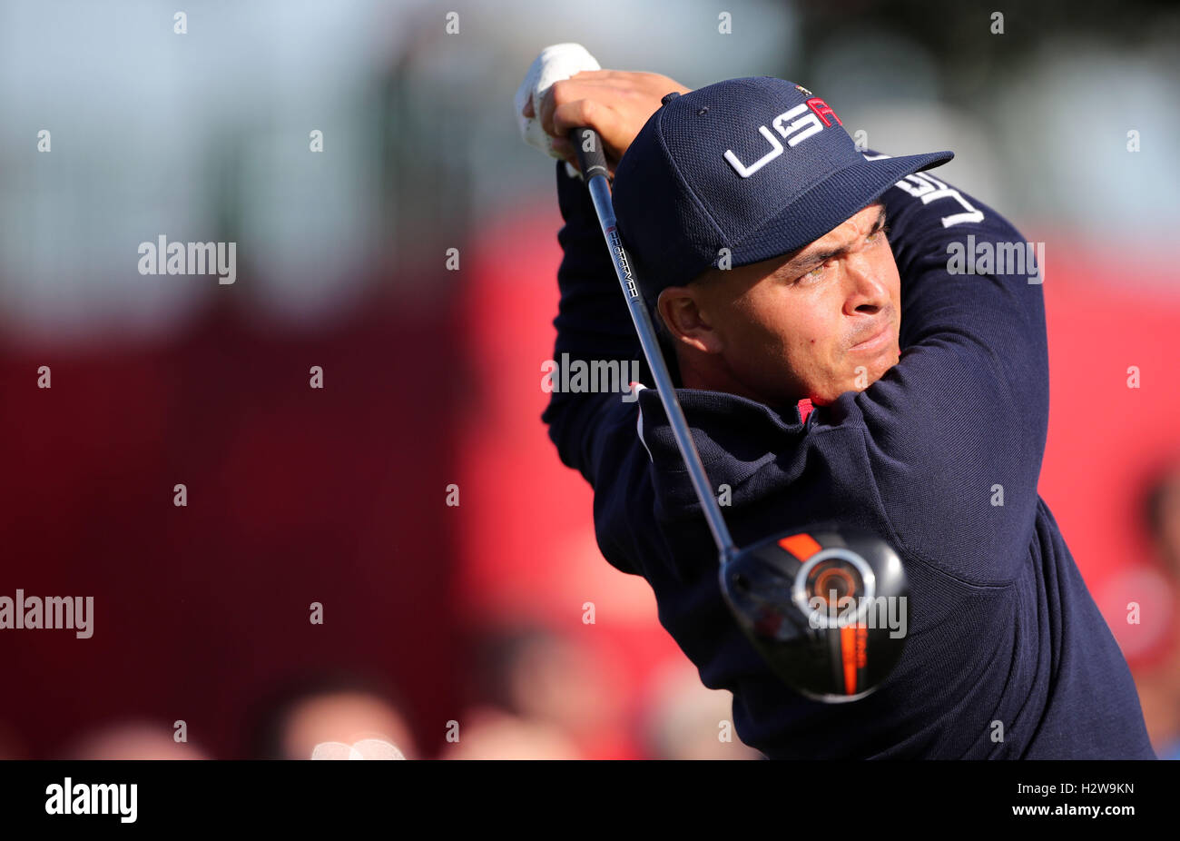 USA's Rickie Fowler tees off the 11th during the Foursomes on day two ...