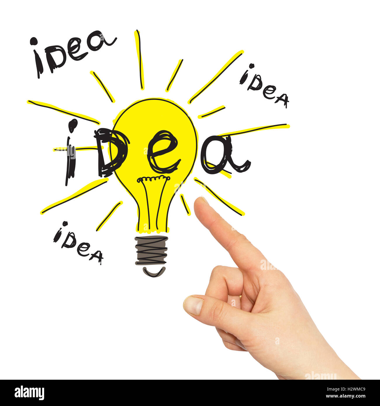 Hand pointing to the sketch bulbs Stock Photo - Alamy