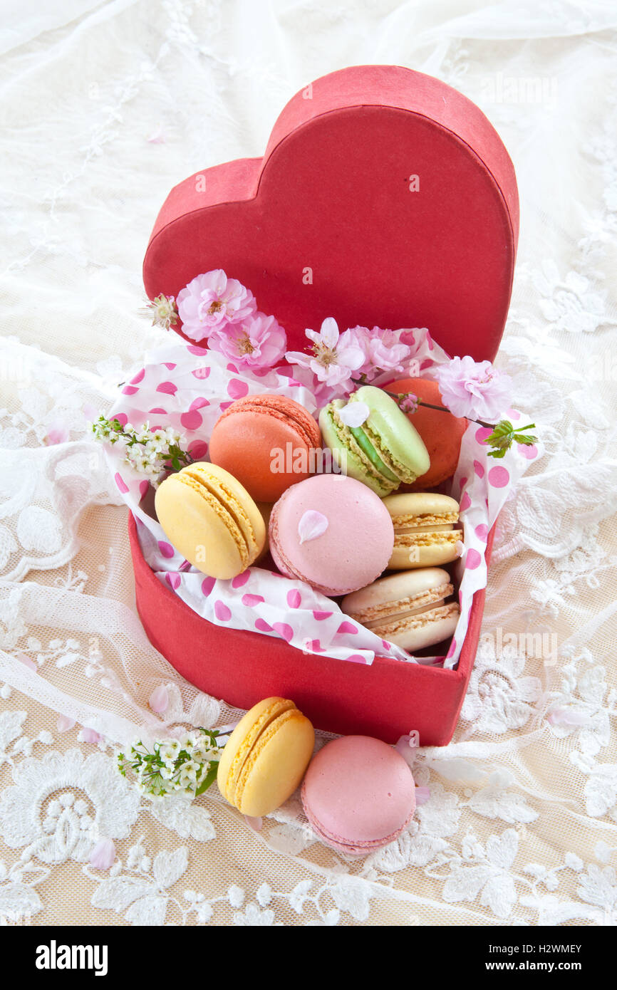 Colorful macaroons in red box Stock Photo - Alamy