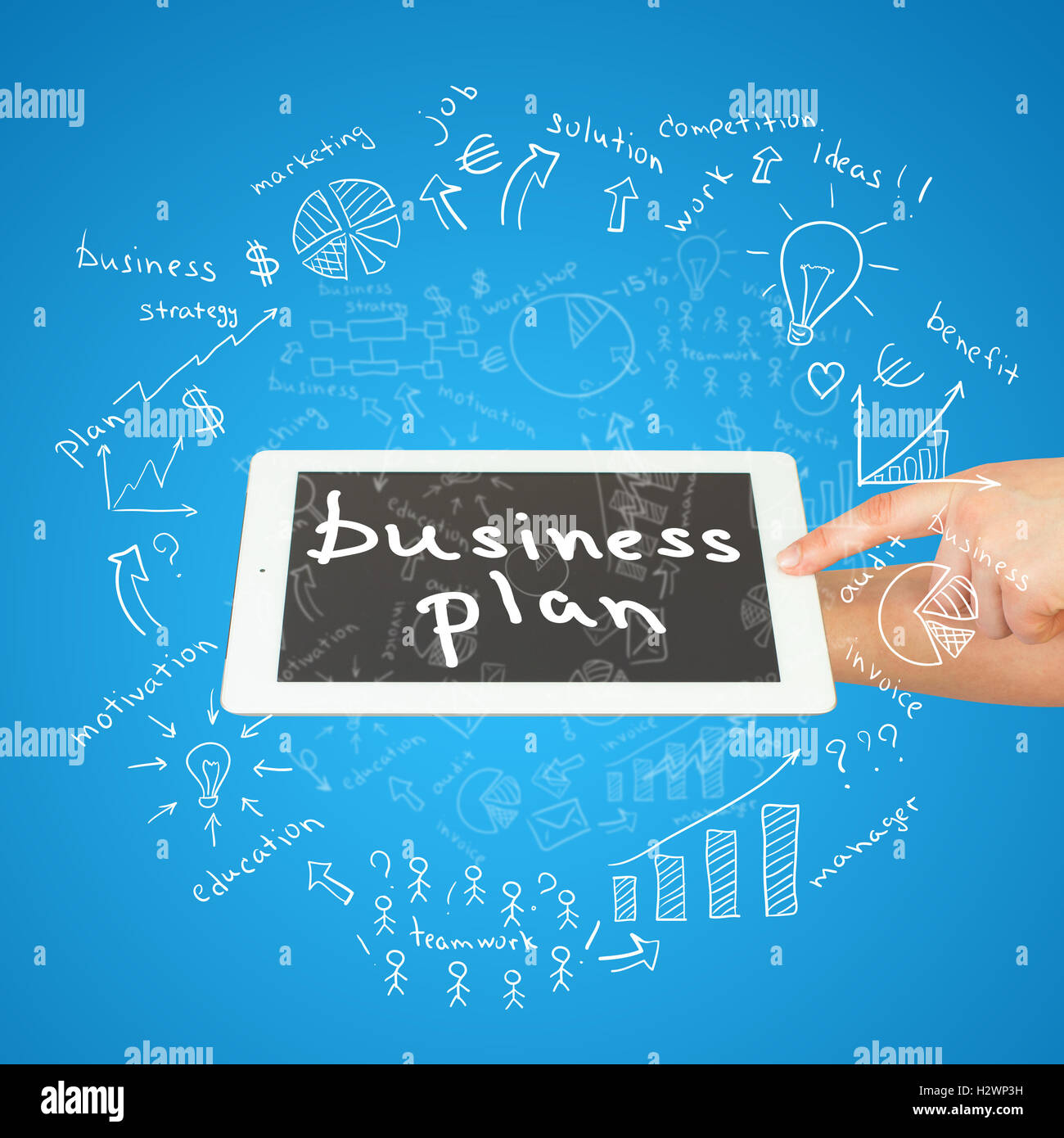 Hands, tablet and sketches business plan Stock Photo - Alamy