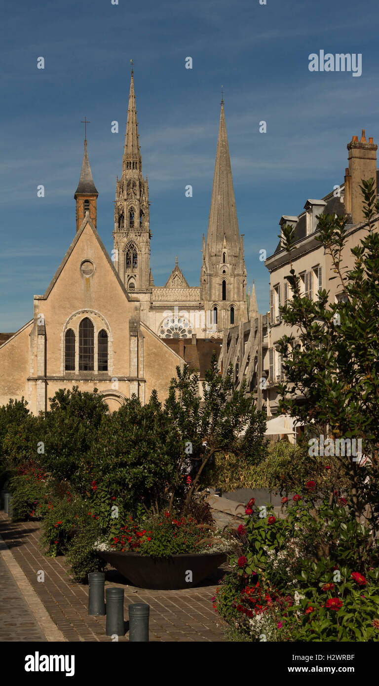 The historical center of Chartres cityand Notre Dame cathedral in the ...