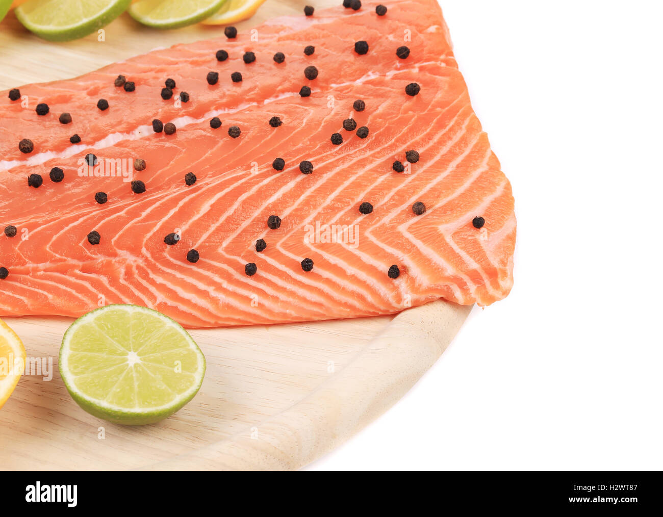 Raw salmon fillet on platter Stock Photo - Alamy