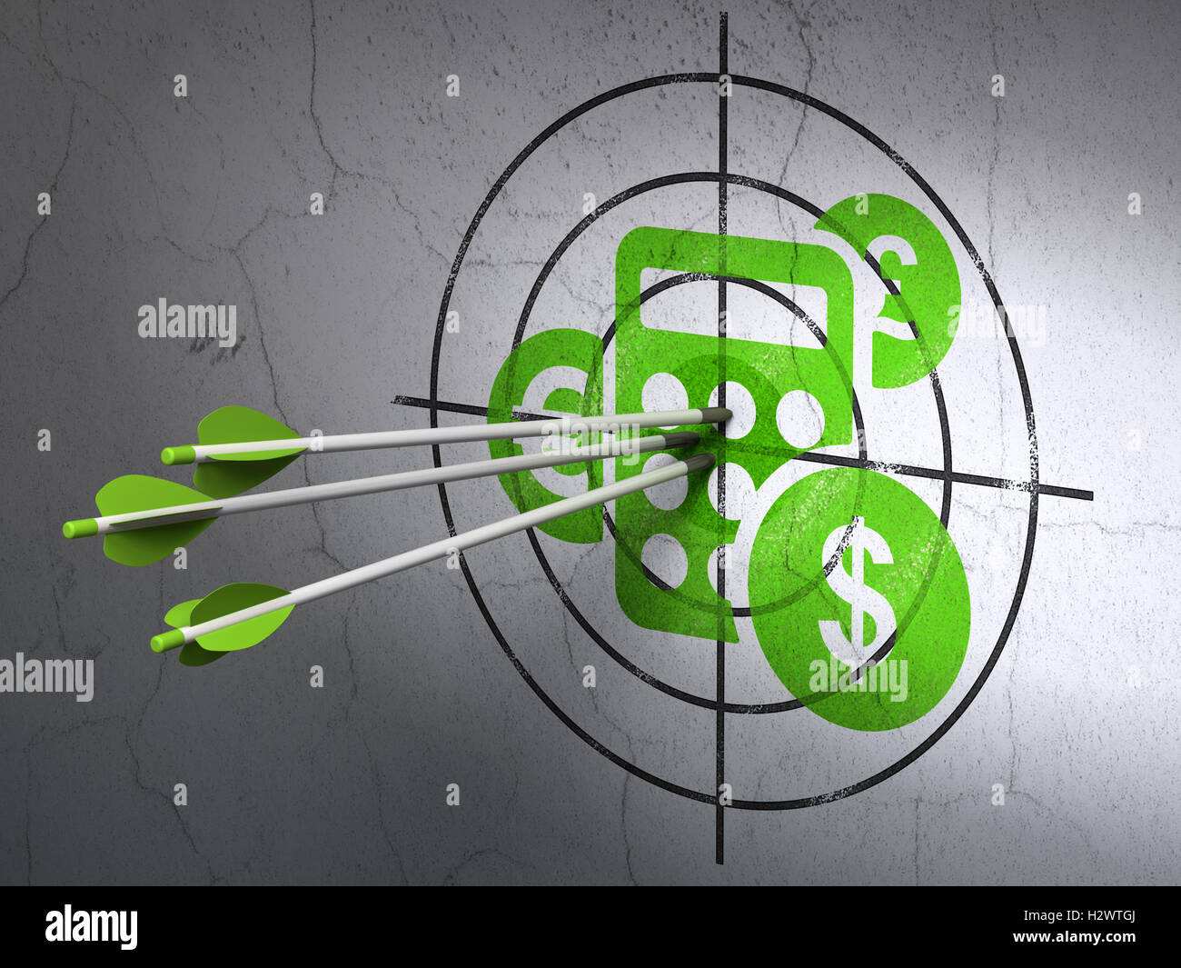 Business concept: arrows in Calculator target on wall background Stock ...