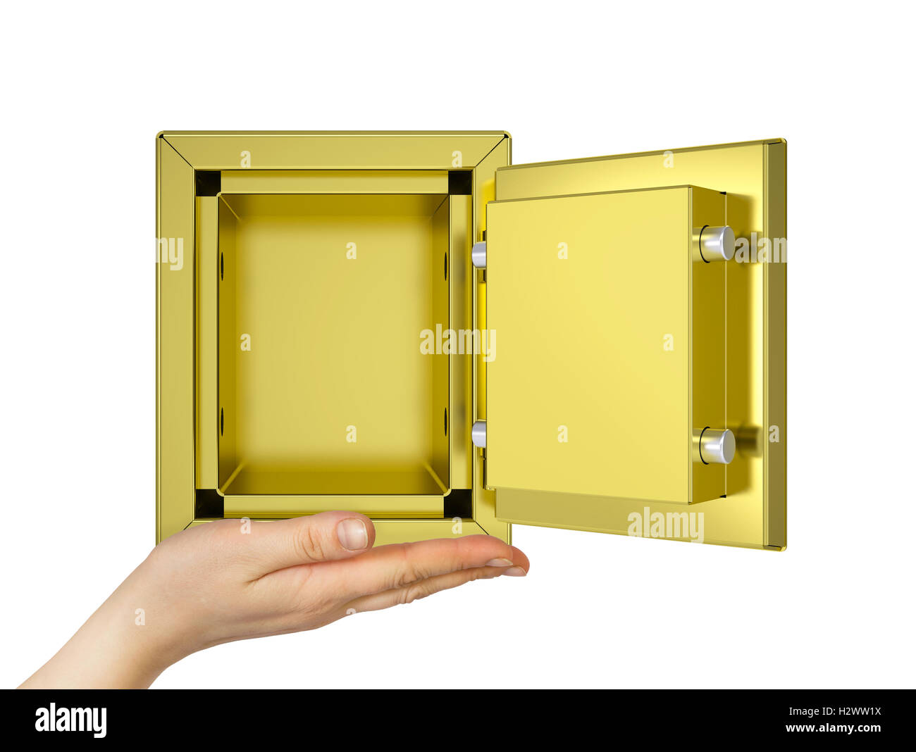 Hand holding open gold safe Stock Photo - Alamy