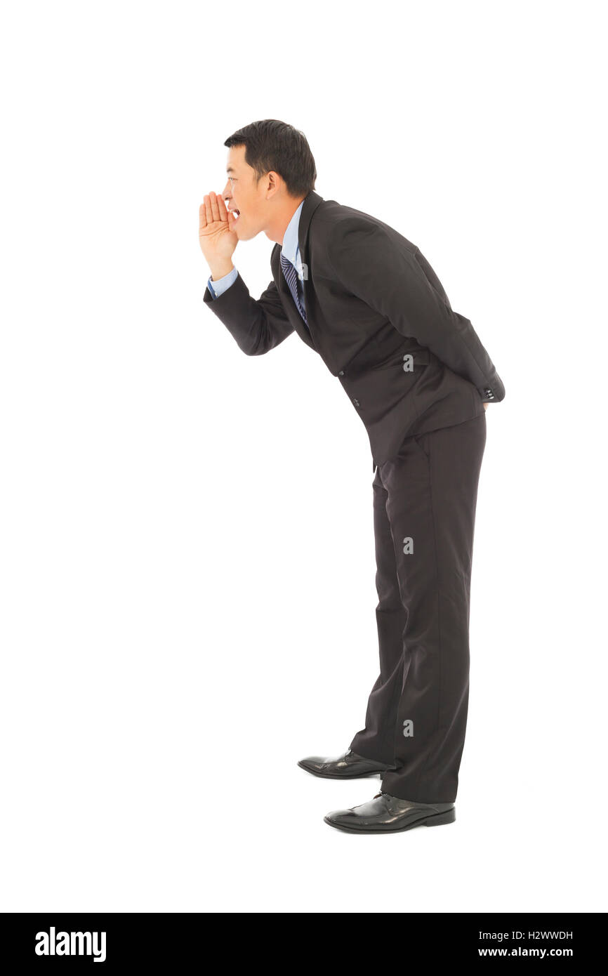 businessman say, talking, whisper,hold hand near open mouth Stock Photo ...