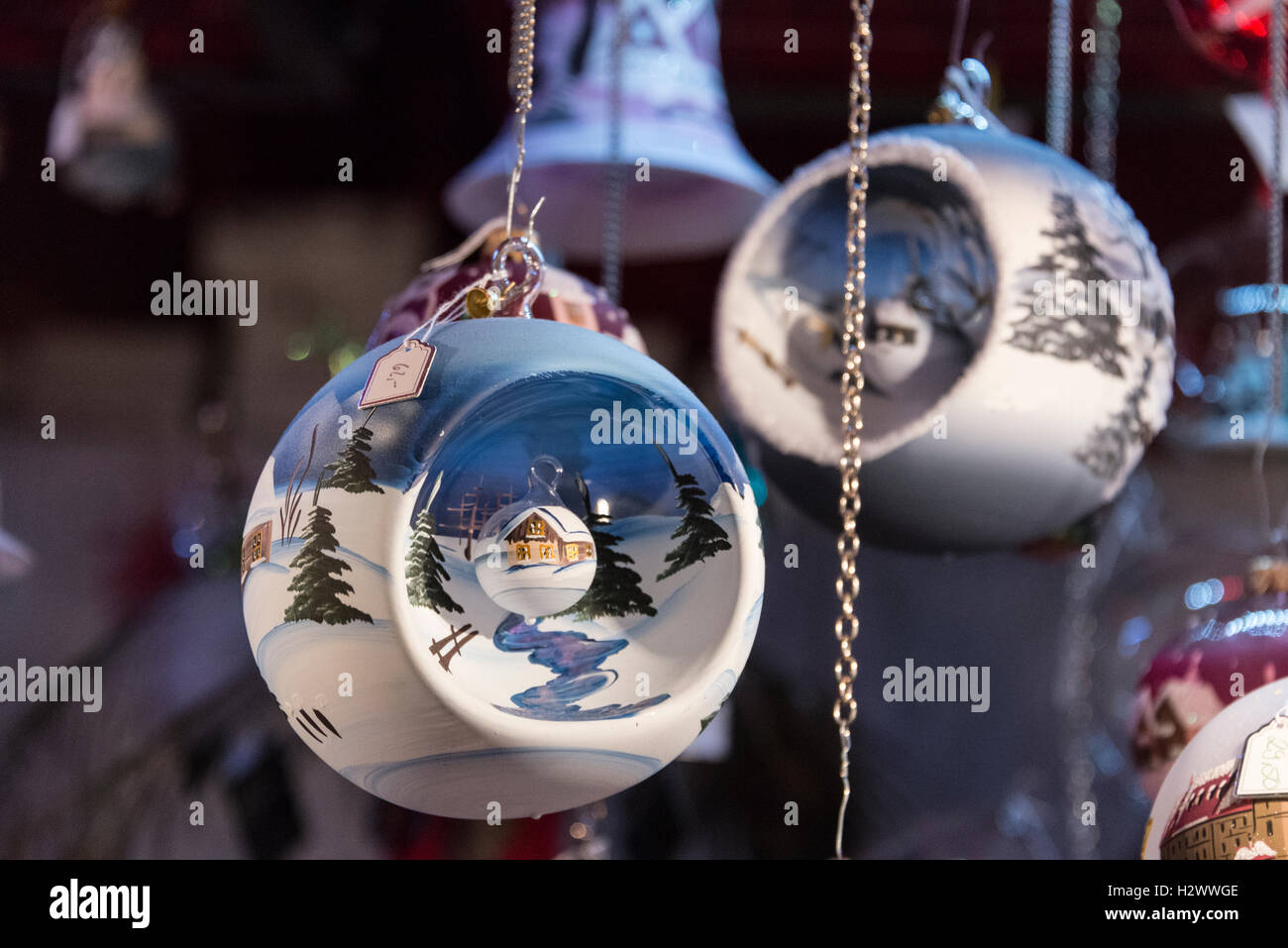 A colourful display of hand-painted Christmas baubles on sale at the ...
