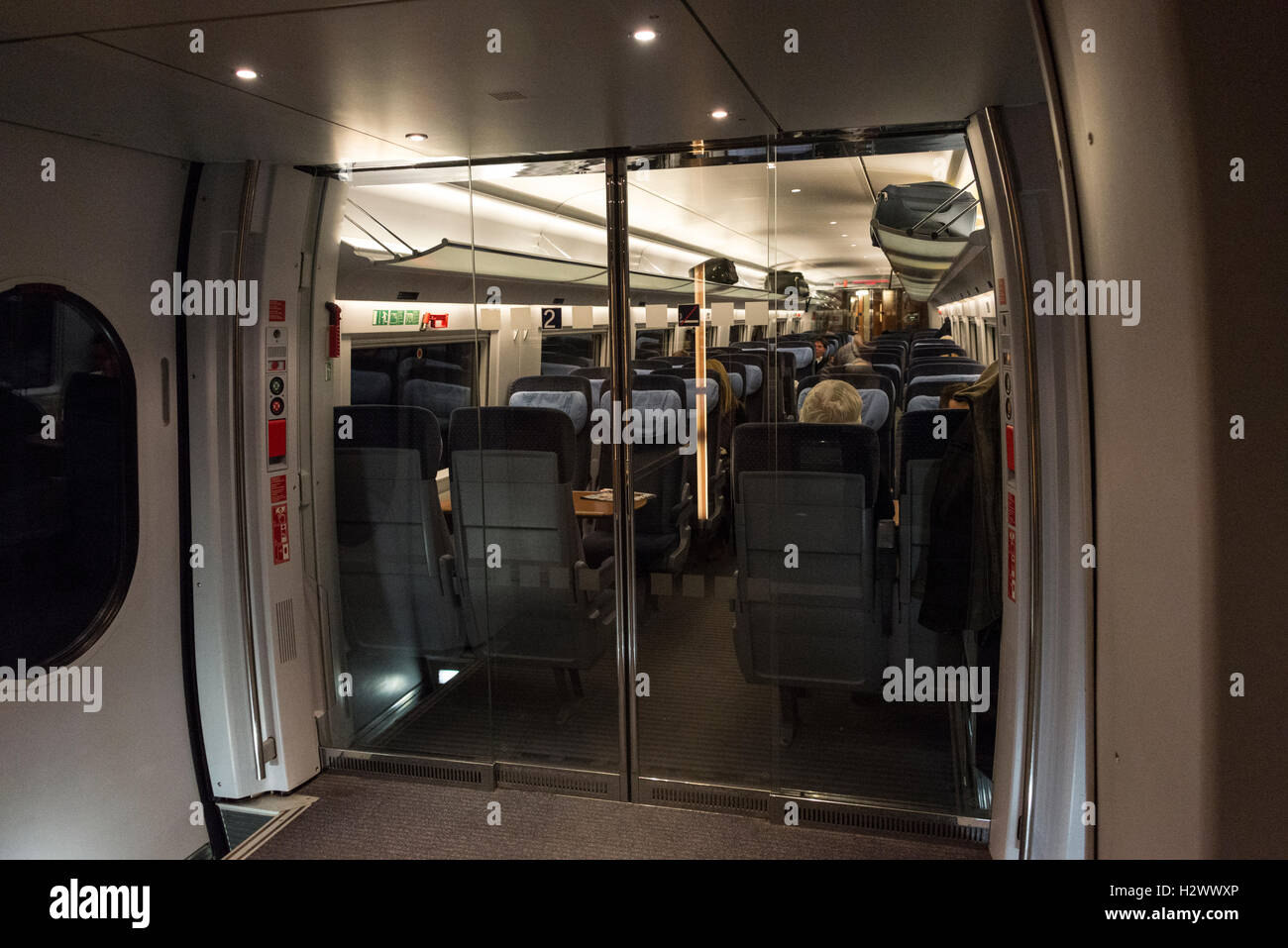 Partition glass doors on the wide Inter City Express (ICE) 2nd class ...