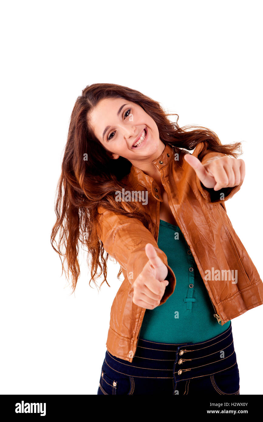 Beautiful young woman doing thumbs up Stock Photo - Alamy