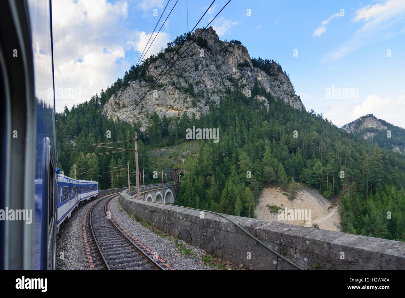 Semmering: train at Semmeringbahn (Semmering railway), train window ...