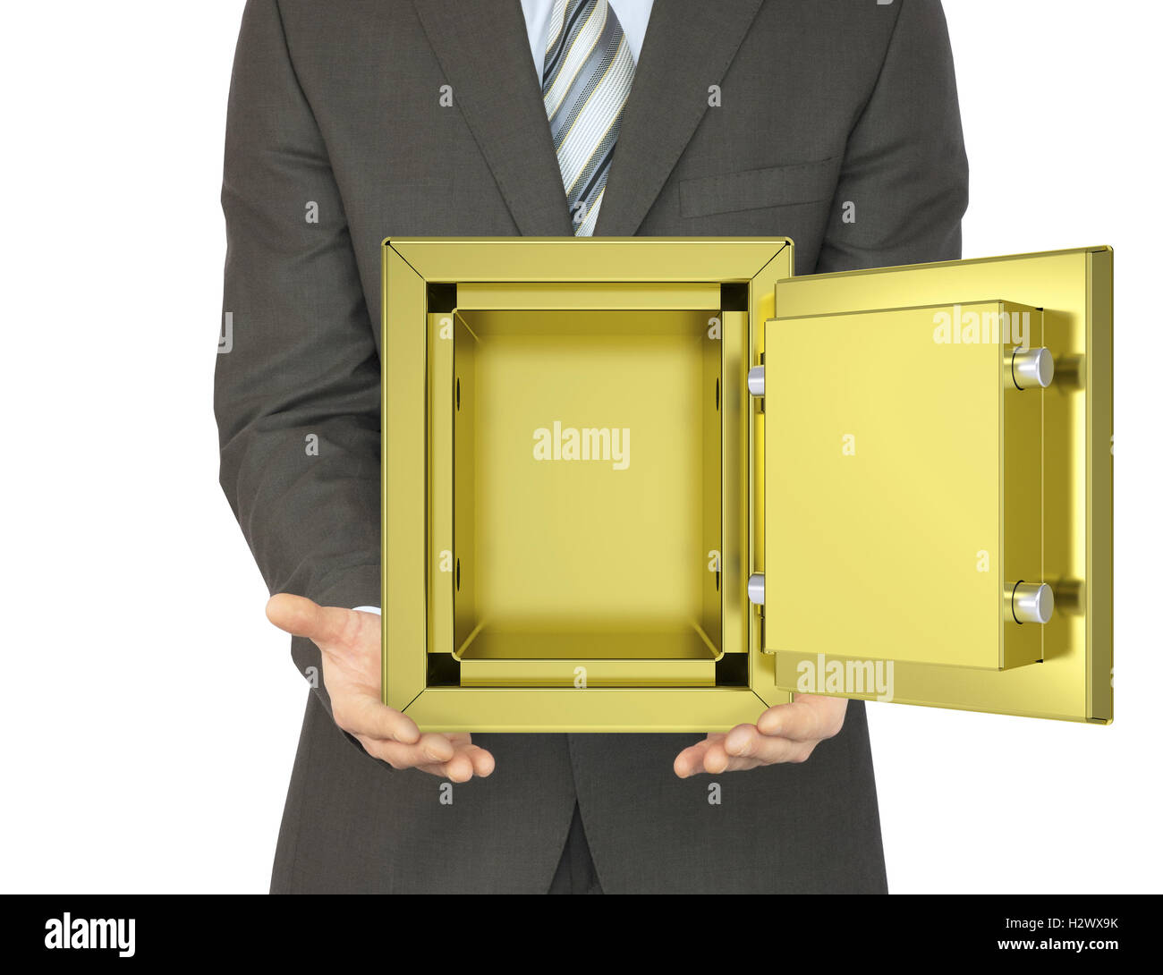 Man in a suit holding open gold safe Stock Photo - Alamy