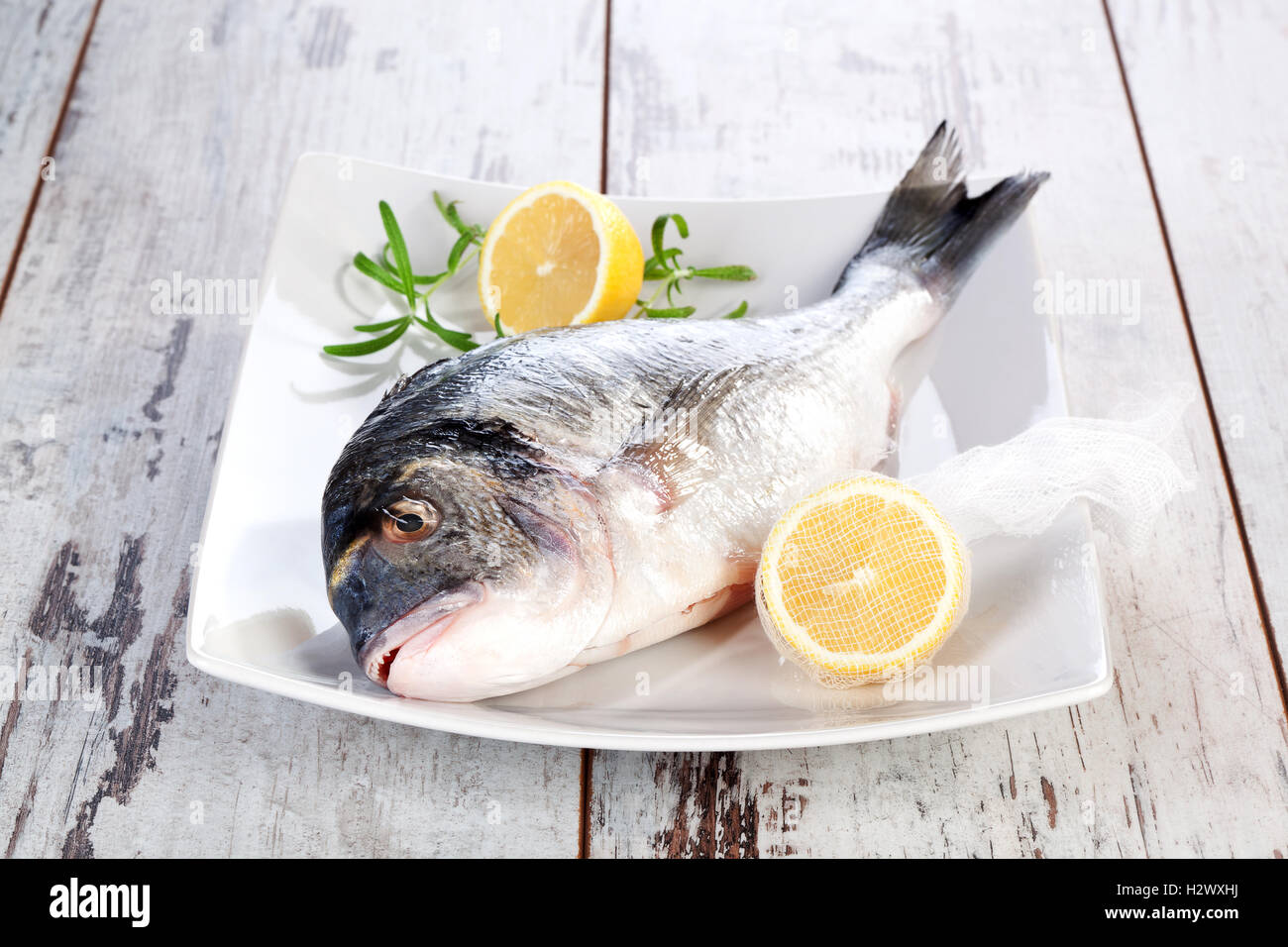 Seafood. Fresh fish on white plate Stock Photo - Alamy