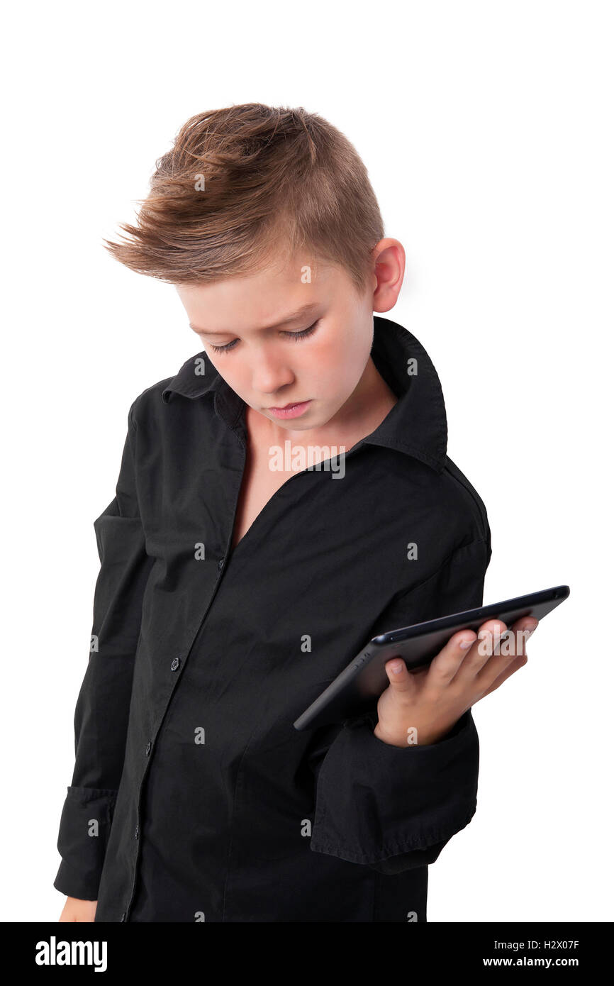Boy holding tablet isolated on white Stock Photo - Alamy