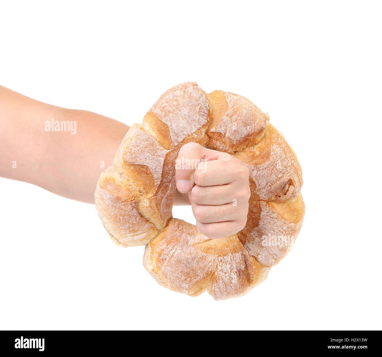 Man hand and round bread Stock Photo - Alamy