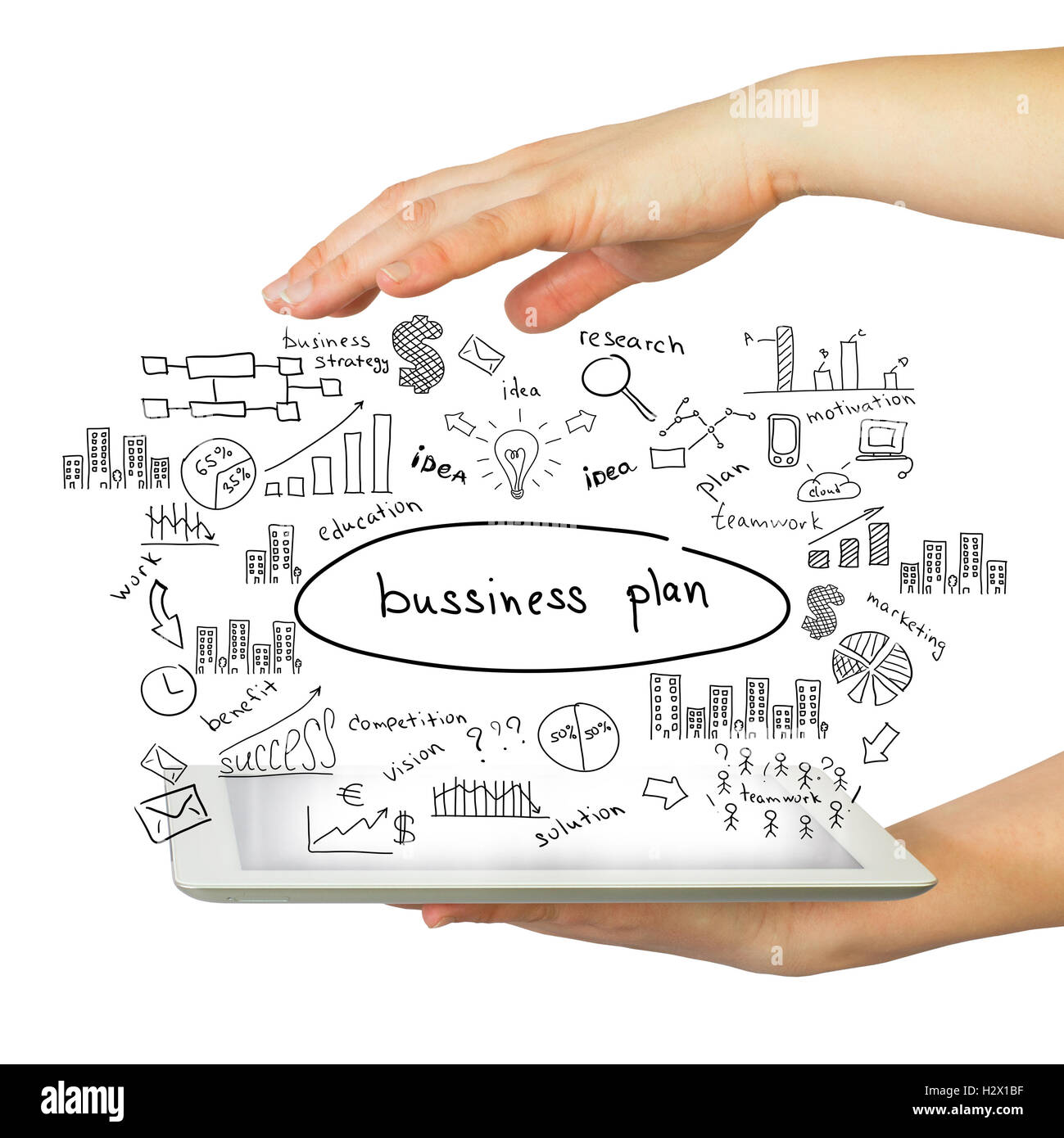 Hands, tablet and sketches business plan Stock Photo - Alamy