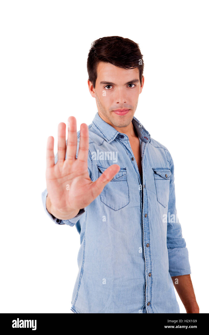 Beautiful man showing stop sign Stock Photo - Alamy