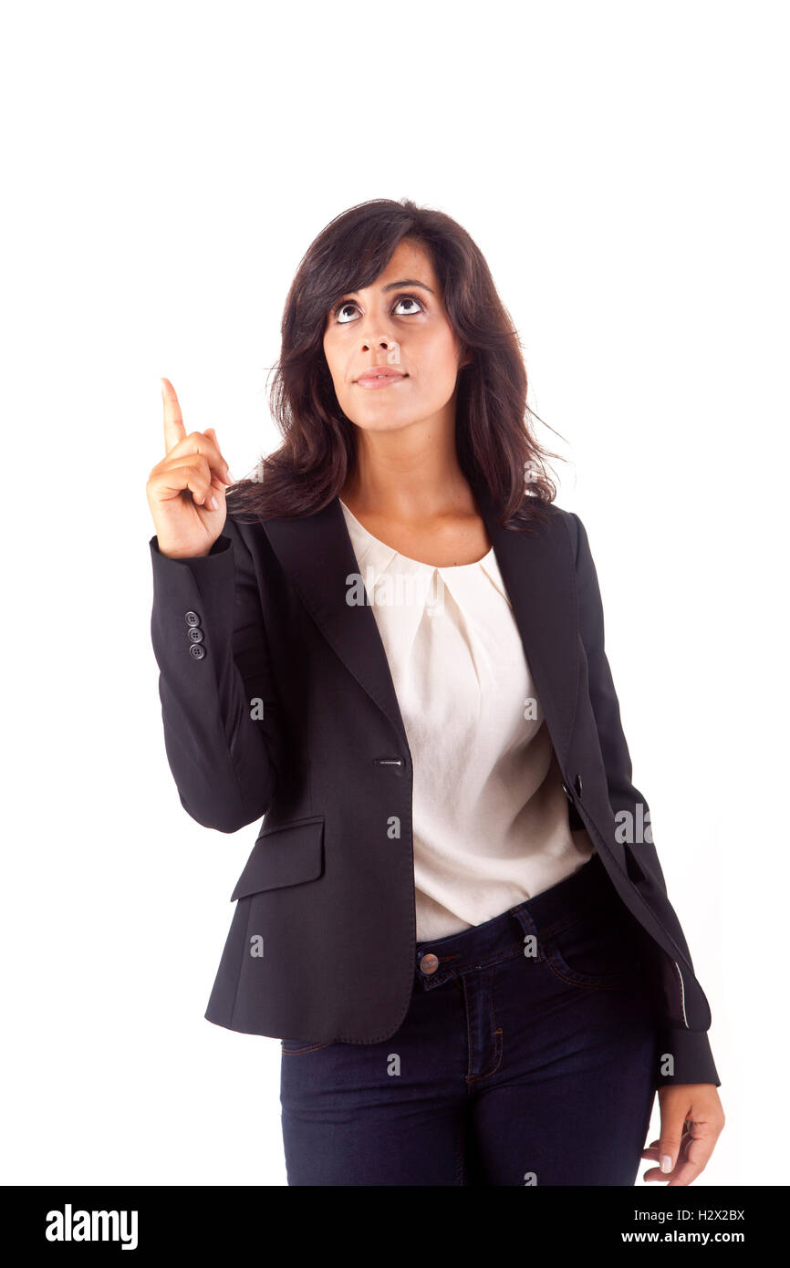 Smiling woman pointing up Stock Photo - Alamy