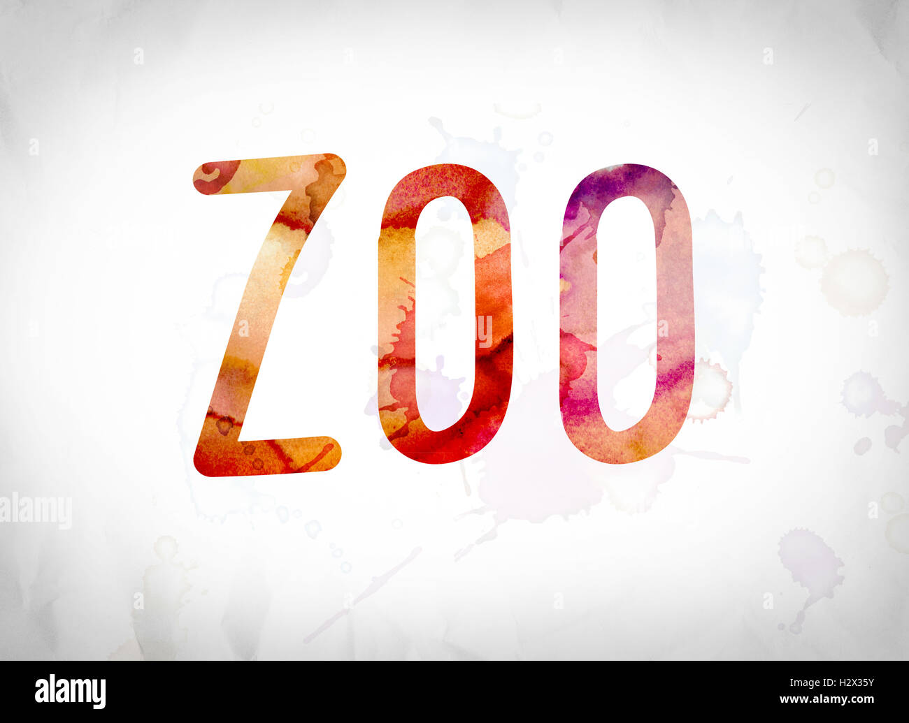 The word "Zoo" written in watercolor washes over a white paper ...