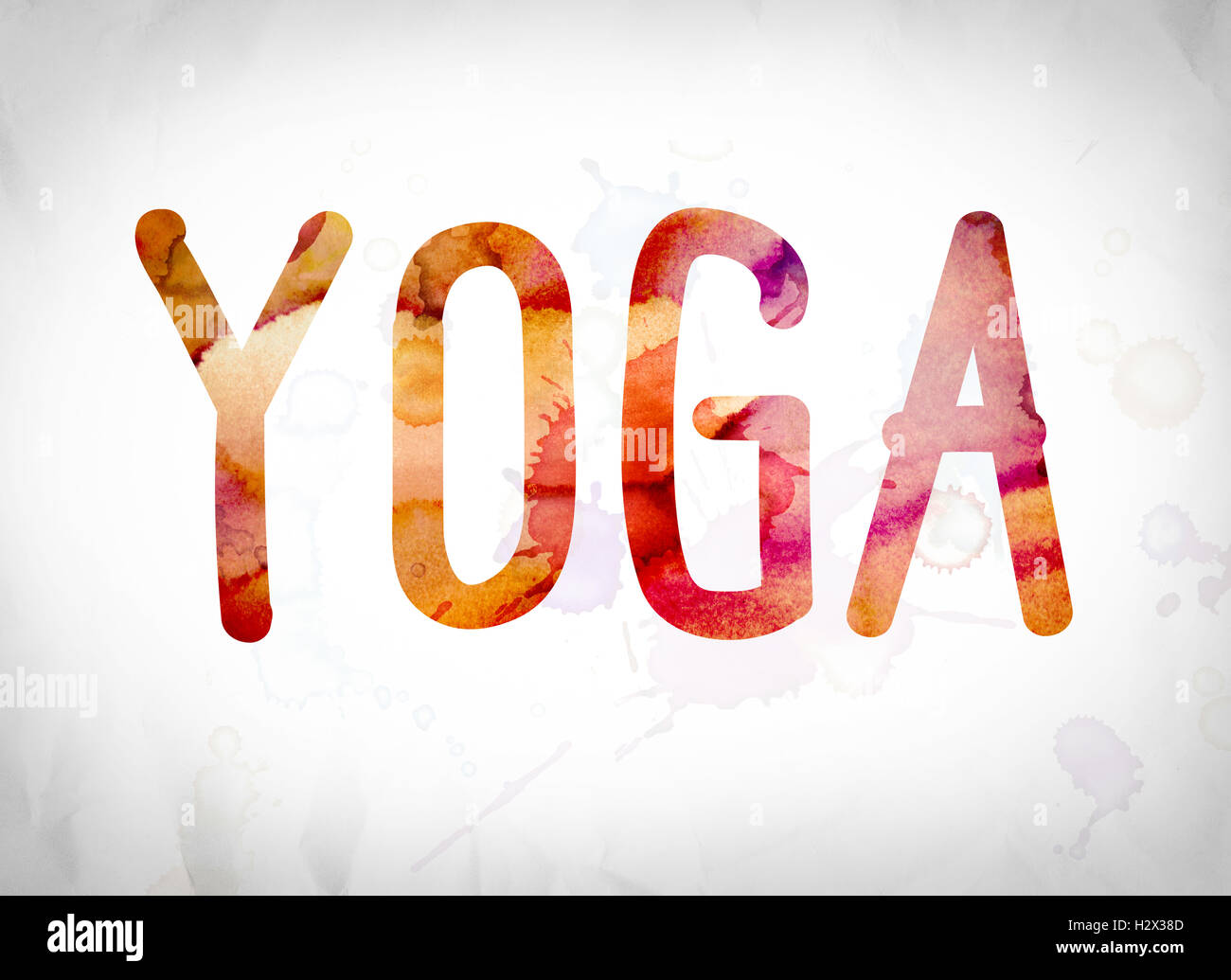The word "Yoga" written in watercolor washes over a white paper ...