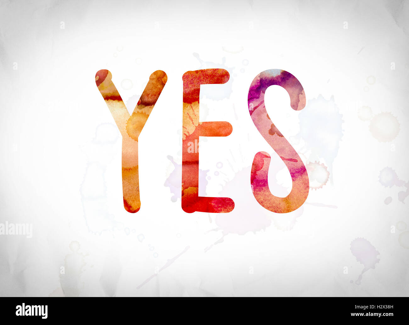 The word "Yes" written in watercolor washes over a white paper ...