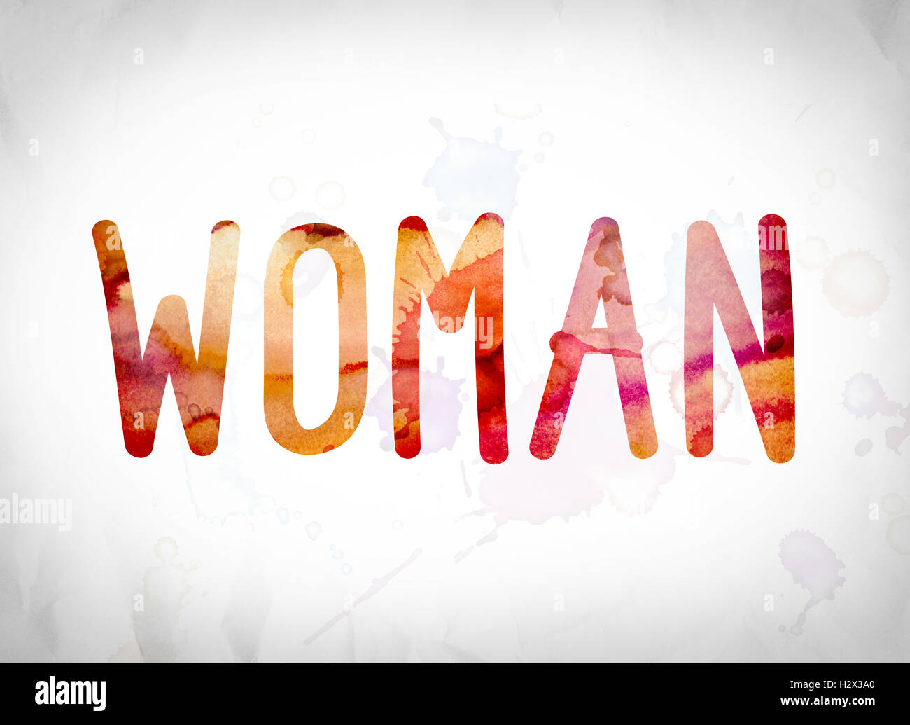 The word "Woman" written in watercolor washes over a white paper ...
