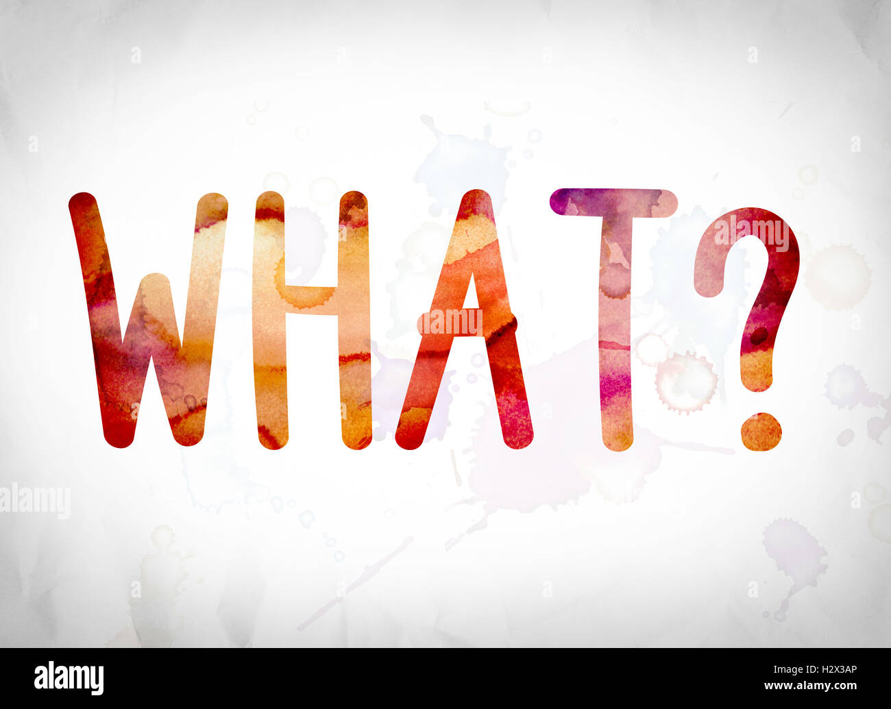 The word "What?" written in watercolor washes over a white paper ...