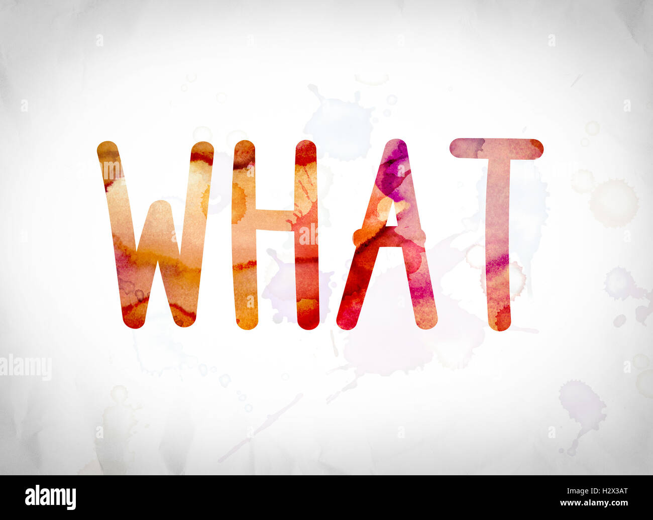 The word "What" written in watercolor washes over a white paper ...