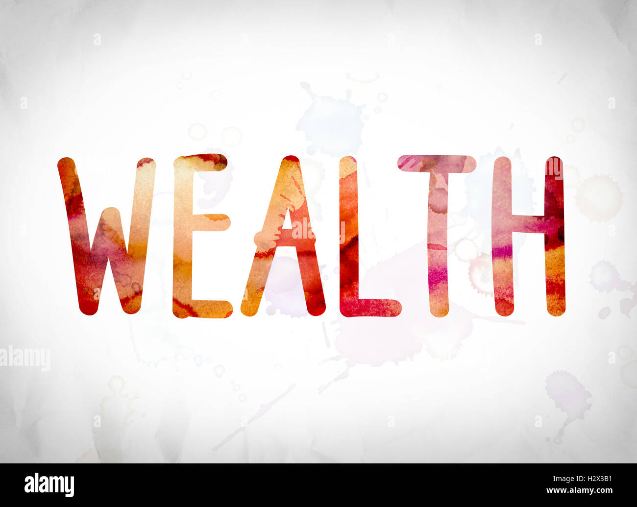 The word "Wealth" written in watercolor washes over a white paper ...