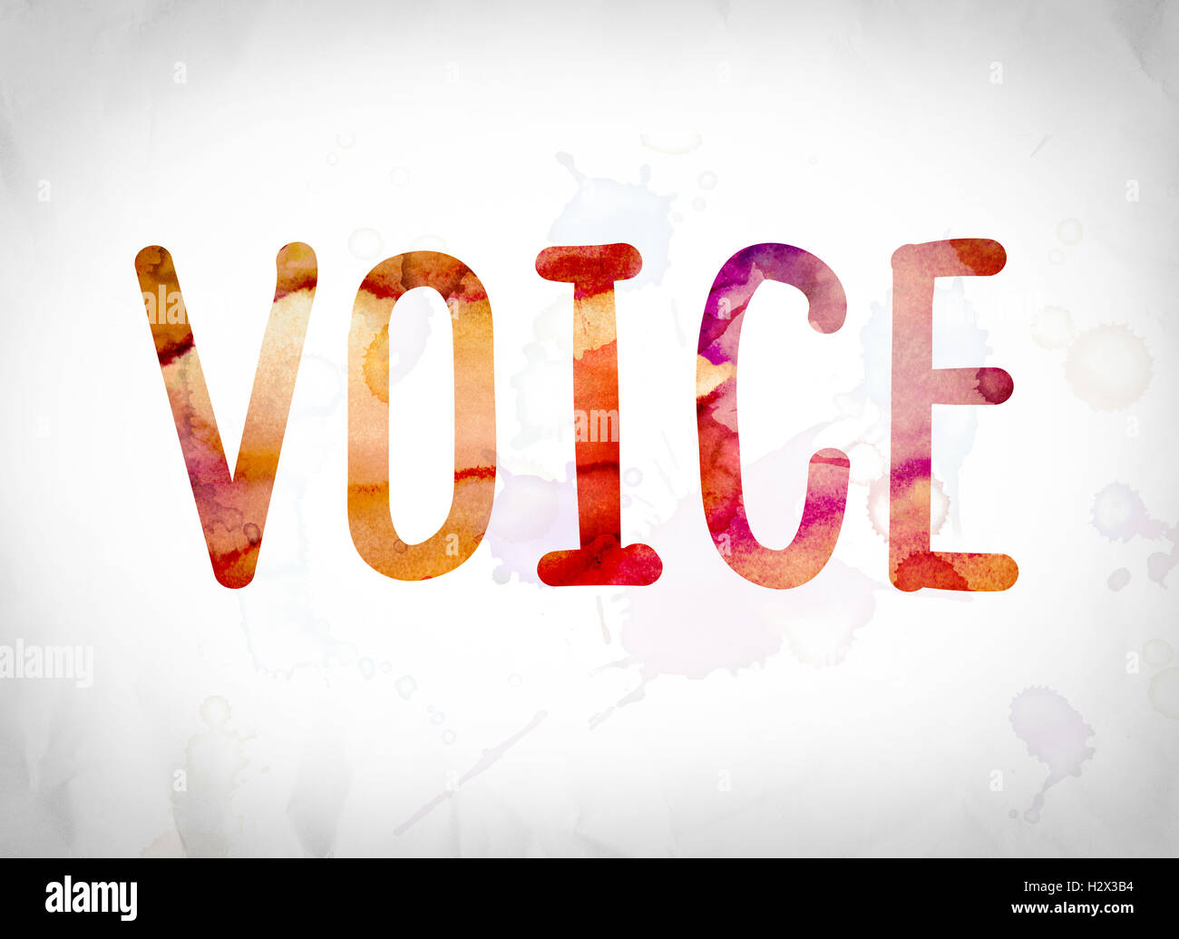 The word "Voice" written in watercolor washes over a white paper ...